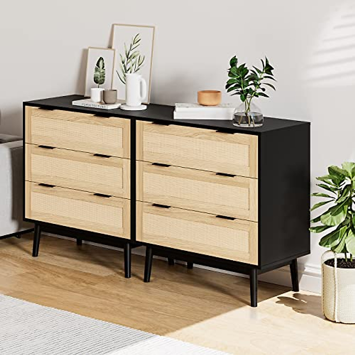 3 Drawer Dresser for Bedroom, Chests of Drawers, Black Dresser Organizer for Closet, Modern Dresser and Nightstand Sets, Rattan Storage Drawer, Living Room, Hallway, Entryway (Wood)