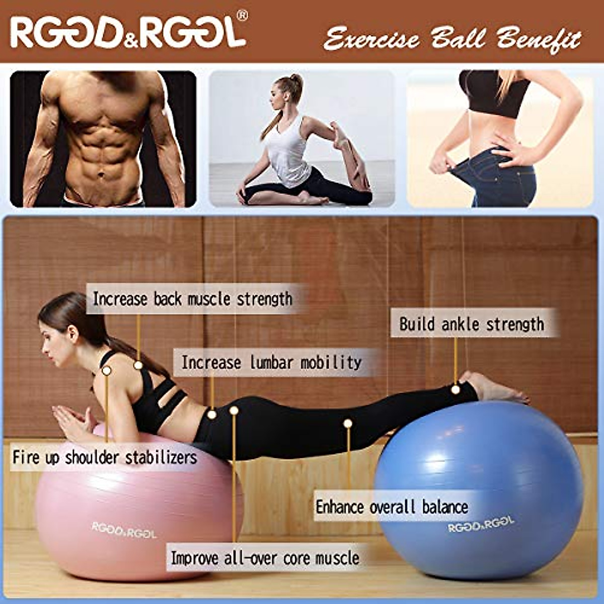 RGGD&RGGL Exercise Ball Chair(55-75cm), Extra Thick Yoga Ball with Stability Ring, Workout Guide,Anti-Burst Balance Ball for Workout and Fitness (Sliver, 55cm)