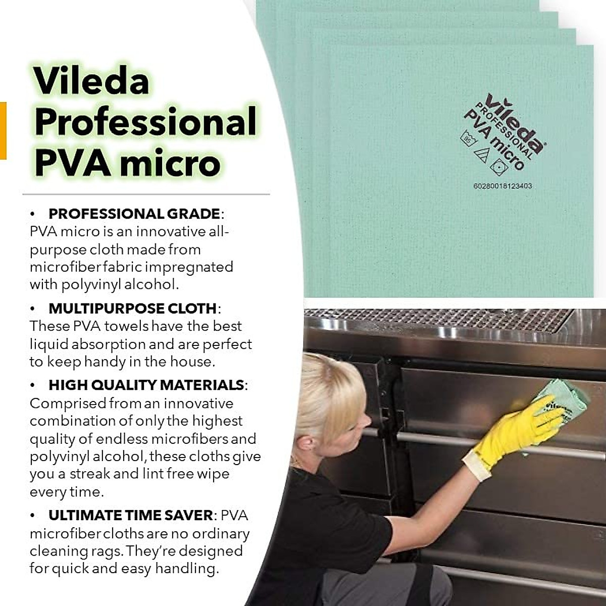 Vileda Professional | PVA Microfiber Green | All Purpose Cleaning Shammy | Shiny Streak Free Results | Synthetic Chamois Towel | Smooth & Absorbent Materials | 5 Pack