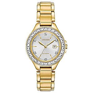 Citizen Women's Eco-Drive Dress Classic Crystal Watch in Gold-tone Stainless Steel, Silver Dial (Model: FE1192-58A)