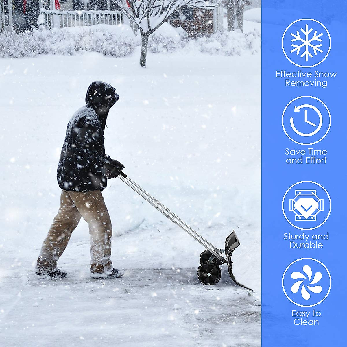 GYMAX Snow Shovel, Rolling Snow Pusher for Driveway, Heavy Duty Snow Plow Shovel with 26” Wide Blade, Built-in Wheels & Adjustable Handle, Wheeled Ergonomic Snow Removal Tools