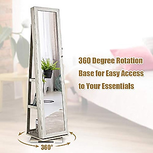 MAT EXPERT 360 Rotating Jewelry Armoire with Mirror, Freestanding Jewelry Storage Mirror w/78 Ring Slots, 24 Necklace Hooks, 120 Earring Slots, Lockable Standing Jewelry Organizer for Makeup (White)