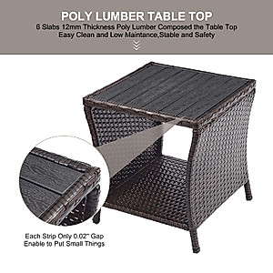 Outdoor Patio Side Table Small Brown Wicker Rattan End Table for Outside Storage Coffee Table with Poly Lumber Table Top for Garden Lawn Pool Porch Deck