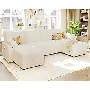 PaPaJet 110 Inch Sleeper Sofa, Oversized Pull Out Couch with Double Storage Chaise，U Shape Couches for Living Room-Offwhite Boucle