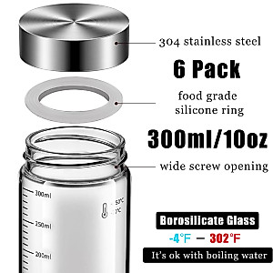 Danmu 6 Pack Glass Water Bottles, Clear Water Bottles Leakproof 10oz, Small Water Bottles 300ml, Cute Water Bottles,Glass Juice Bottles for Juicing, Kombucha, Boba Milk, Fruit Drinks