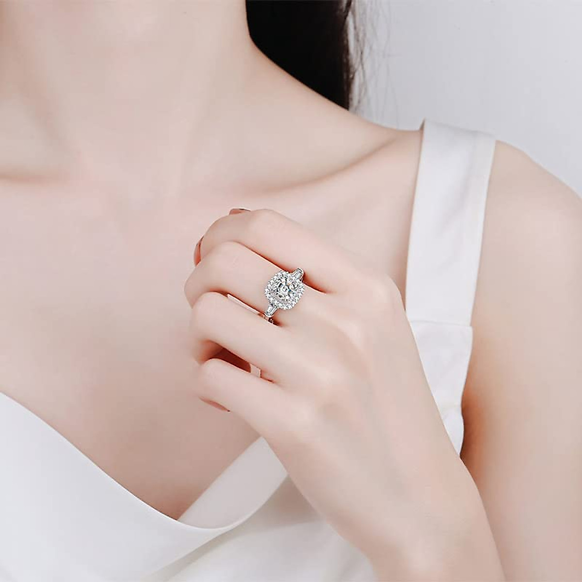 Moissanite 3 Stone Engagement Rings for Women, 2.0 Carat Moissanite Rings Solid Sterling Silver with 18K Gold Plated Chamfer Asscher Trapezoid Cut 3 Stone Anniversary Rings for Women D Color VVS1,