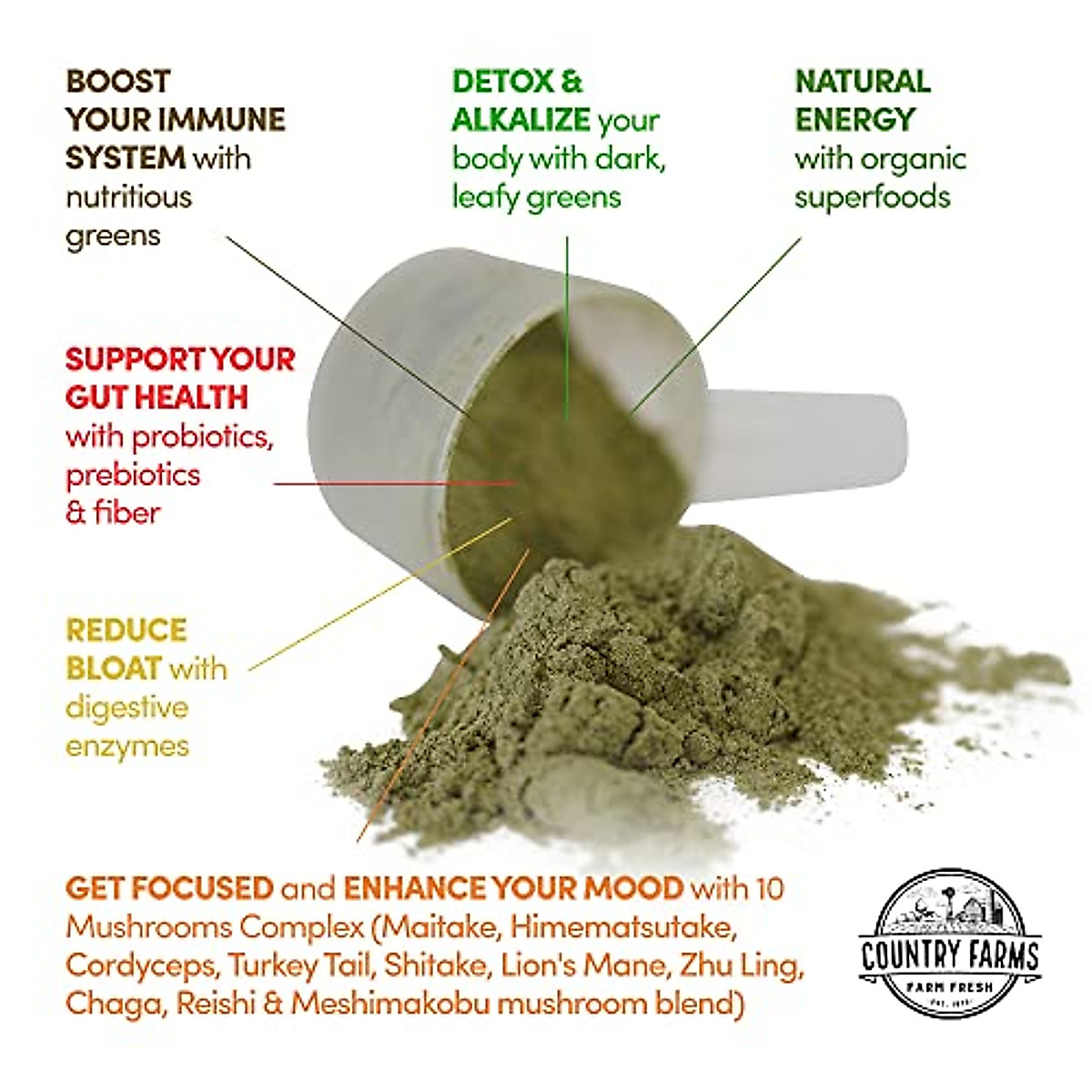 COUNTRY FARMS Super Greens Banana Flavor, 50 Organic Foods, USDA Organic Drink Mix, 20 Servings, Apple, 10.6 Oz