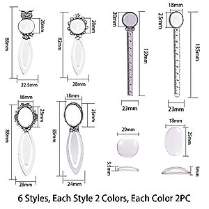 SUNNYCLUE 12Pcs 2 Styles Ruler Bookmark Pendant Tray Kit with 8Pcs Bookmark Cabochon Setting 4Pcs Ruler Cabochon with Clear Oval Round Glass Cabochon for DIY School Office Supplies Book Gifts Making