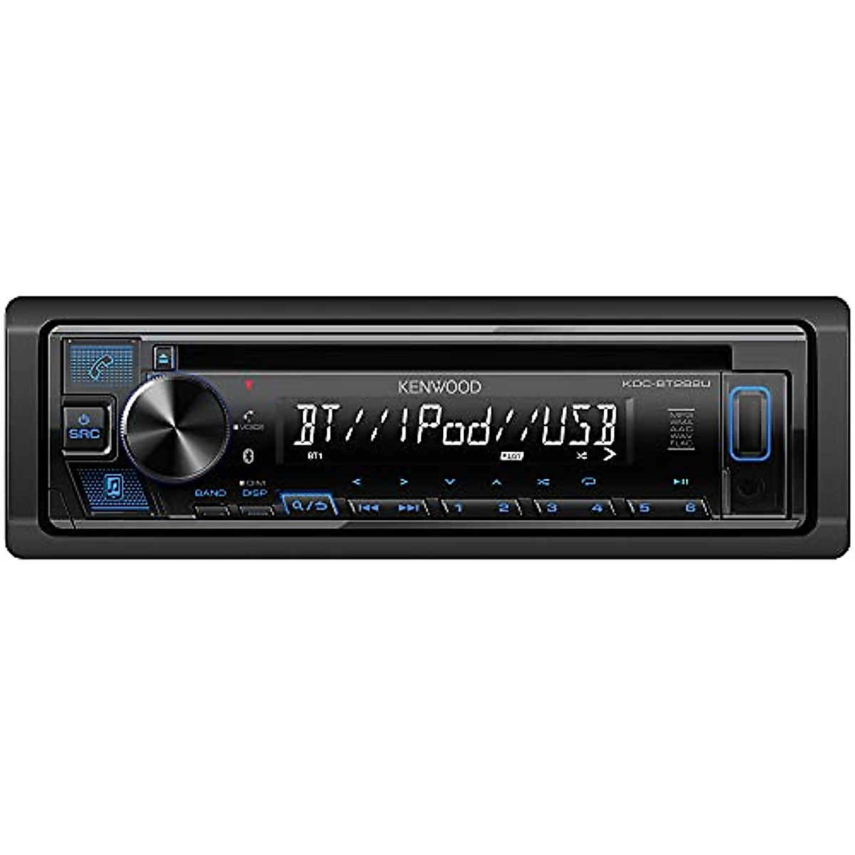 KENWOOD KDC-BT282U CD Car Stereo - Single Din, Bluetooth Audio, USB MP3, FLAC, Aux in, AM FM Radio, Detachable face with White 13-Digit LCD Display and Blue Button Illumination