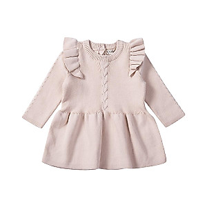 Merqwadd Infant Toddler Baby Girl Pleated Dress Solid Longsleeve Knit Sweater Winter Dress (3-6 Months,B-Ruffle Sweater Apricot)