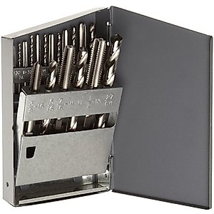 Chicago Latrobe 52580 HT18 High-Speed Steel Jobber Length Drill Bit and Hand Tap Set with Metal Case, Uncoated (Bright) Finish, Wire Size, Letter, Inch, 18-Piece, #6-32 to 1/2"-13 Tap Sizes