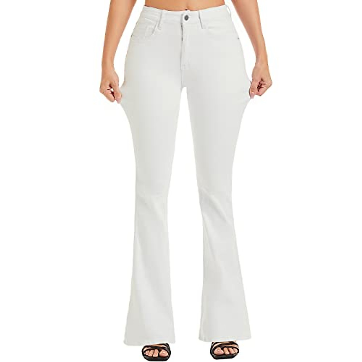 LAMLUCK Women's Flare Bell Bottom Jeans Fashion Wide Leg Jeans Womens High Rise Bootcut Jeans Womens Stretch Jeans - White Jeans for Women Skinny Boot Cut Denim Pants, White 610, Size 4