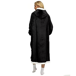 COTTEBED Black Sherpa Hoodie Women Wearable Blanket Men Hooded Sweater Blanket with Pockets Long Sleeve Blanket Robe Adult Comfy Thick Sweatshirt Throws Black