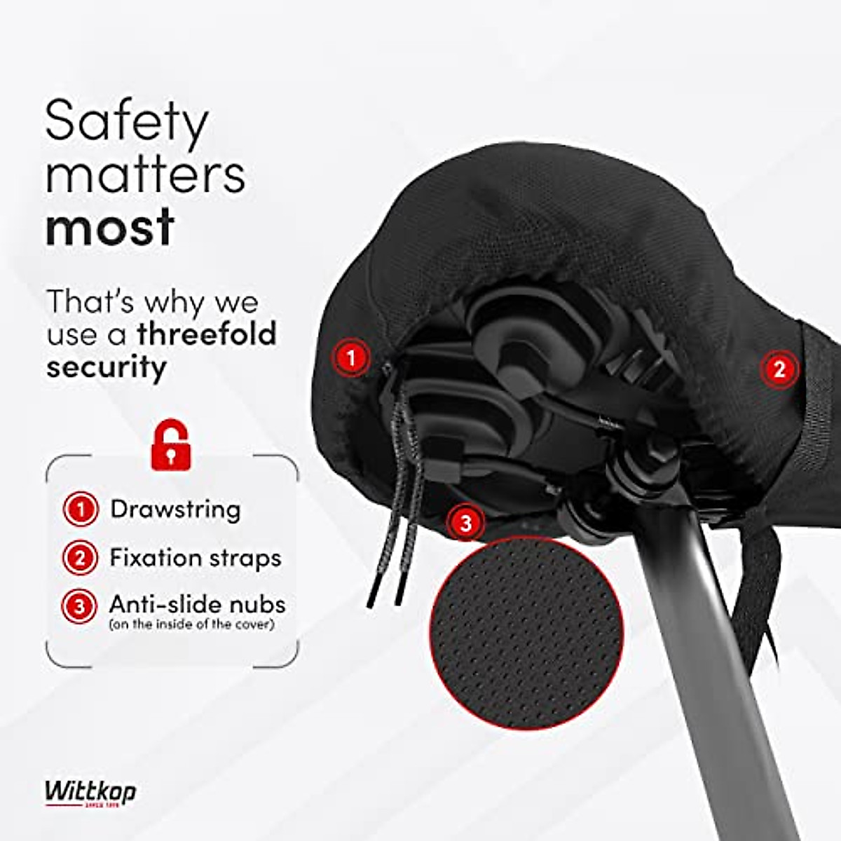 WITTKOP Bike Seat Cushion Made of Comfy Memory Foam I Bike seat Cover for Men & Women with Ergonomic 3-Zone-Concept I Bike Saddle Cover, for peleton seat cushin, Bicycle seat Cushion