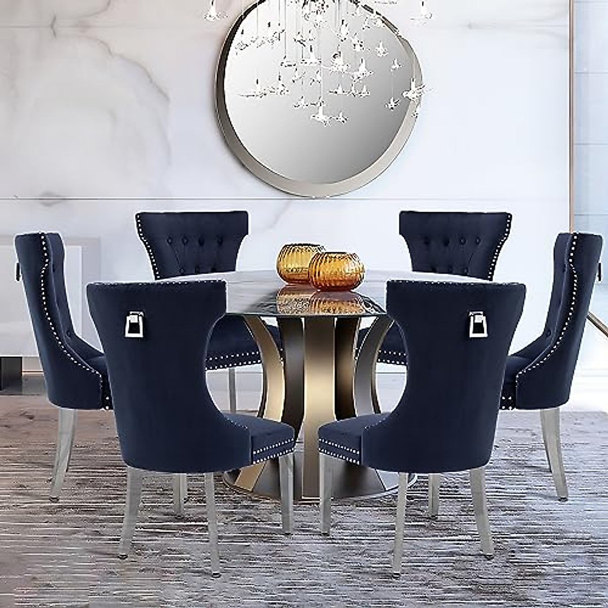 Creek Vista Velvet Dining Chairs Set of 4, Upholstered Dining Room Chair with Stainless Legs, Tufted Kitchen Chair with Button Back and Pull Ring, Dark Blue