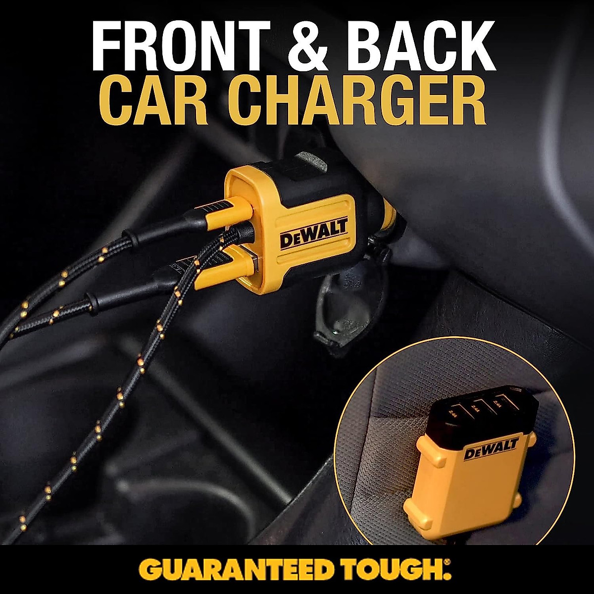 DEWALT 5-Port Front & Back Seat Mobile USB PD Car Charger, 72W Car Charger Adapter, USB Car Charger for Multiple Devices, Cigarette Lighter Adapter USB Charger with Cable for Back Seat Charging