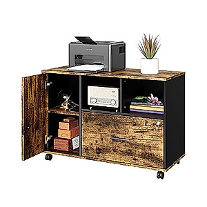 Wood File Cabinet with Lock, 1-Drawer Wooden Office Lateral Filing Cabinet on Wheels Mobile Printer Stand with Open Storage Shelf for Letter/Legal/A4 Size Files (Wood)