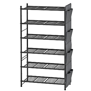 MWQ 6 Tier Shoe Rack Metal with Side Pocket, Sturdy Tall Shoe Organizer Storage Shelf for Closet, Black