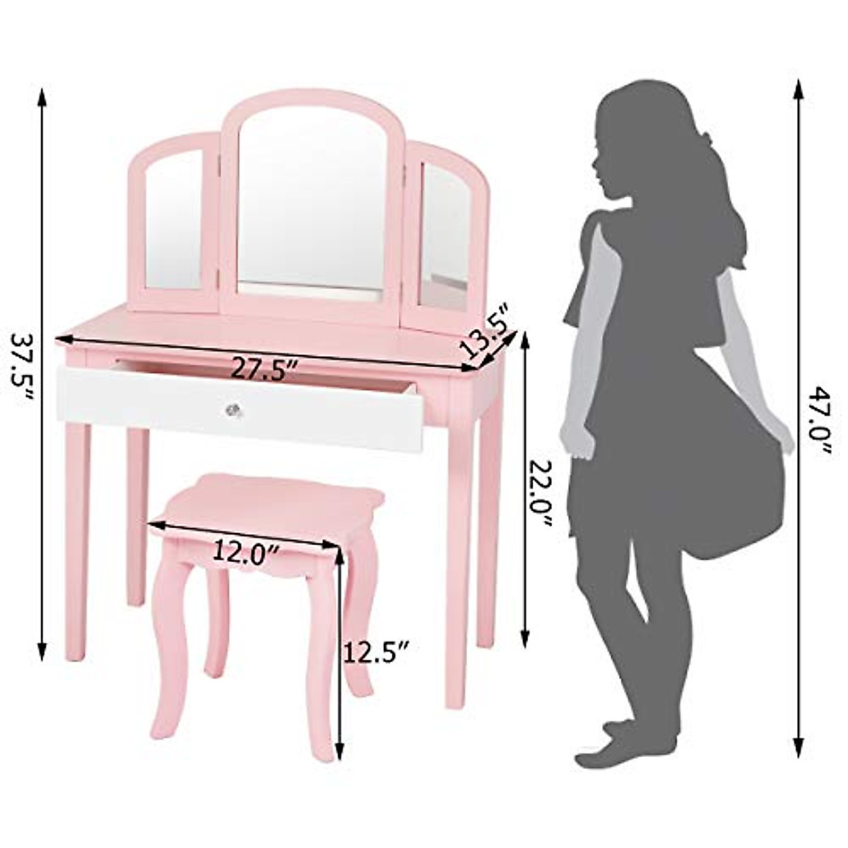 KOTEK Kids Vanity Set w/Tri-Folding Mirror, Princess Makeup Dressing Table w/Detachable Top & Drawer, 2-in-1 Vanity Table and Chair Set, Pretend Beauty Play Vanity for Girls (Pink)
