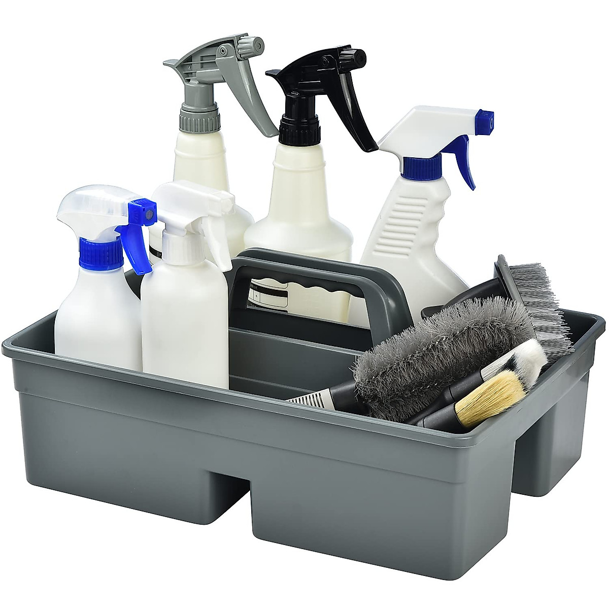 3-Compartment Plastic Cleaning Caddy Tray– Stackable Large Commercial Quality Plastic Tool Organizer Bucket with Handle, Grey