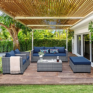 Lviden 6 Pieces Wicker Patio Furniture Sets Outdoor Conversation Set PE Rattan Sectional Sofa Couch with Storage Table and Royal Blue Cushions