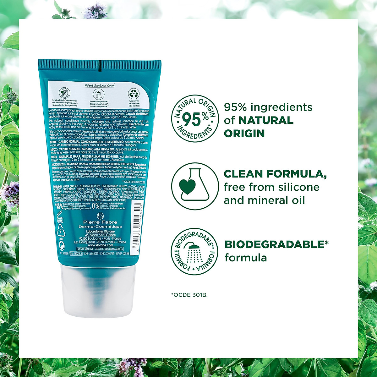 Klorane - Protective Conditioner with Aquatic Mint for Dull, Pollution Exposed Hair - Detoxifies, Protects, and Invigorates Hair - Visibly Increases Shine - Silicone Free - 5 fl. oz.