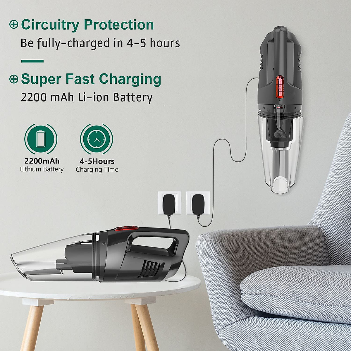whall Handheld Vacuum Cordless, 8500PA Strong Suction Hand Vacuum, Wet Dry Hand Held Vacuum Cleaner with LED Light, Lightweight Mini Car Vacuum Cordless Rechargeable, Portable Vacuum