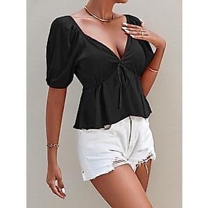 LYANER Women's Satin Deep V Neck Puff Short Sleeve Tie Front Ruffle Hem Blouse Crop Peplum Top Black Medium