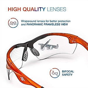 ToolFreak Rebel Bifocal Safety Glasses - Clear 2.0 - ANSI z87+ Impact Rated & U6 UV Protection - Polycarbonate & Wraparound Lenses & Anti-Slip Design - Brow Ventilation, Hard Case & Neck Cord Included