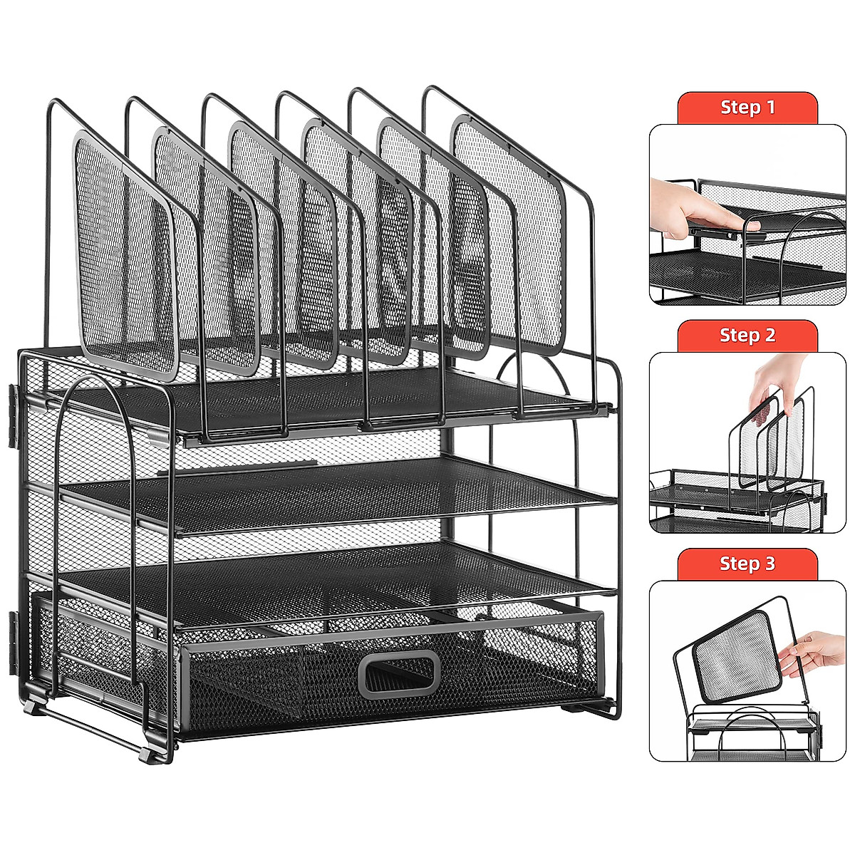 Marbrasse Desk Organizer with Drawer, 4-Tier Mesh Desk File Organizer with 5 Vertical File Holders and 2 Pen Holders, Multifunction Desktop Organizer,Desk Organizers and Accessories for Home Office