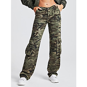 WDIRARA Women's Camo Print Cargo Baggy Jeans High Waist Wide Leg Denim Army Pants Army Green Camouflage L
