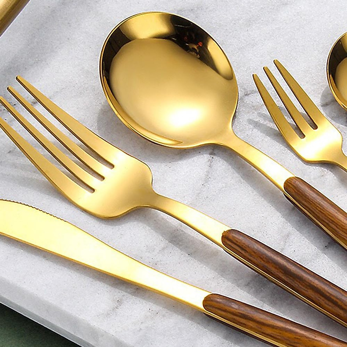 Aimilan 60 Piece Gold Silverware Set for 12, Imitation Wooden Handle Flatware Cutlery Set for Home Kitchen Restaurant, Mirror Finish, Dishwasher Safe (60-Piece for 12)