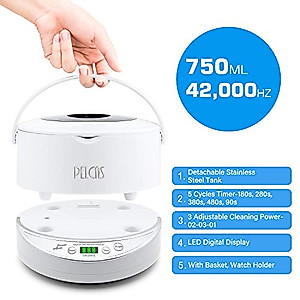 2022 Ultrasonic Cleaner 25 Oz (750ml) PELCAS Ultrasonic Jewelry Cleaner Machine with Detachable Tank 42000HZ Jewelry Cleaner with 5 Digital Timer Watch for Jewelry Necklaces Rings Metal Tools