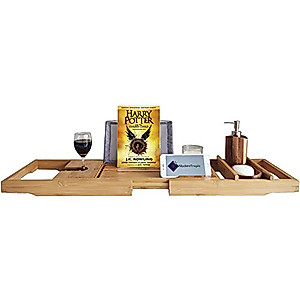 ModernTropic Home and Spa Bamboo Bathtub Caddy and Tray Expandable Non-Slip Wooden Bath Tray Securely Holds Drinks, Book/Tablet, Accessories, Phone