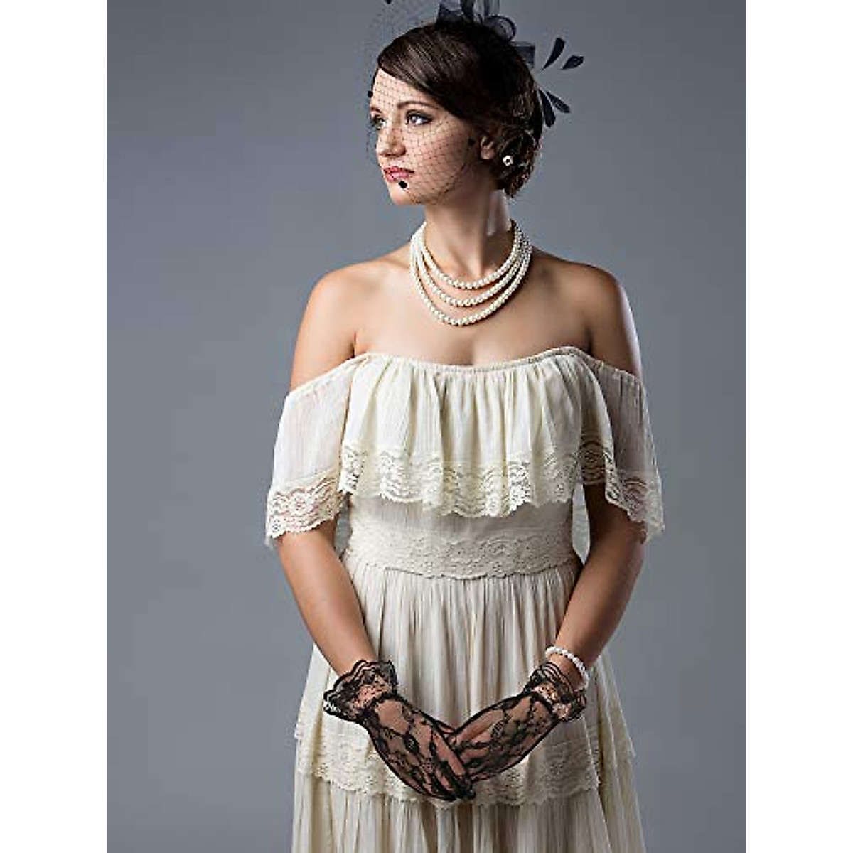 Boao Bowknot Fascinator Hat Tea Party Hat Feathers Veil Mesh Headband and Short Lace Gloves Floral Lace Gloves(Black, Adult)