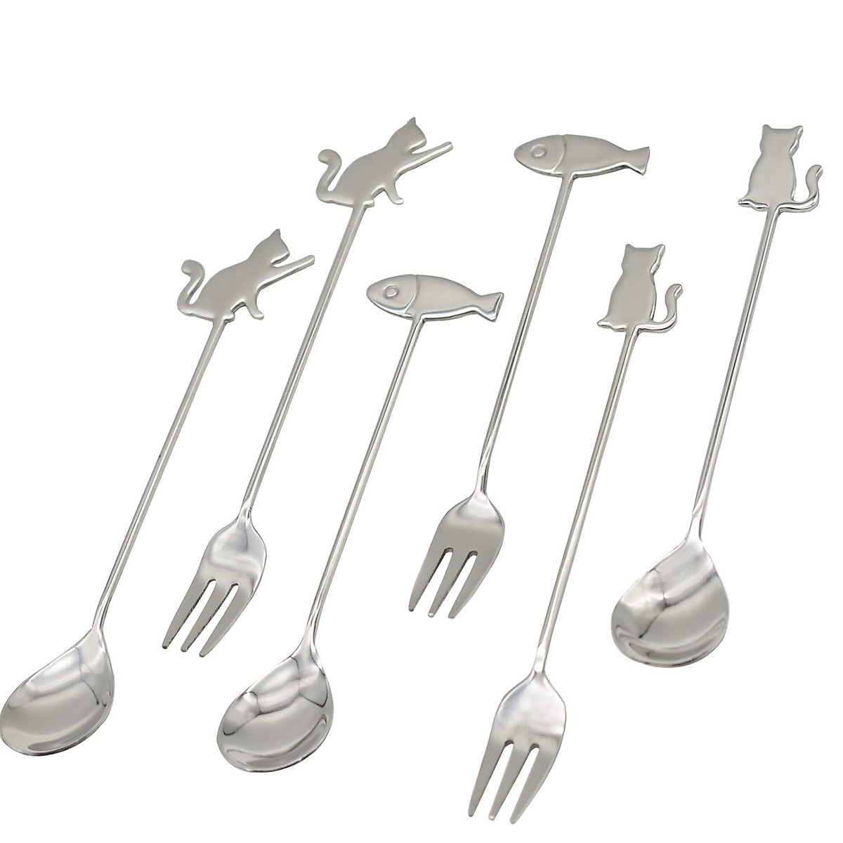 Maydahui 6PCS Cat Fish Spoon and Fork Cute Coffee Animal Spork 5.8 inch 18/10（304）Stainless Steel Teaspoon Dessert Drink Sugar Spoons Fruit Forks Tableware