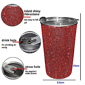 Bling Diamond Straw Cup,17oz Stainless Steel Thermal Bottle,Vacuum Double Wall Insulated Cup Glitter Water Bottle,Bling Cup, Leak-Proof Insulated Coffee Cup for Gym Fitness Travel Office Use（Red）