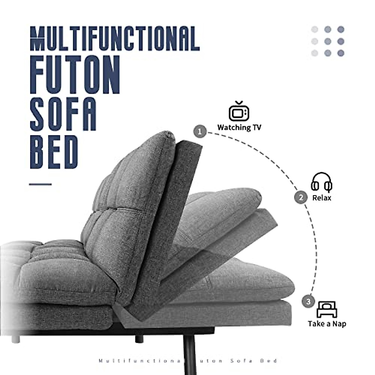 IULULU Sofa Bed, Modern Convertible Futon Sleeper Couch Daybed with Adjustable Armrests for Studio, Apartment, Office, Small Space, Compact Living Room, Grey