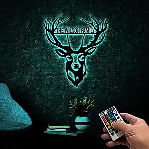 HUSSIO Personalized Deer Metal Wall Art With Led Lights, Custom Family Name Sign, Deer Decoration, Living Room Decor, Gift For Dad Deer Hunter Gift