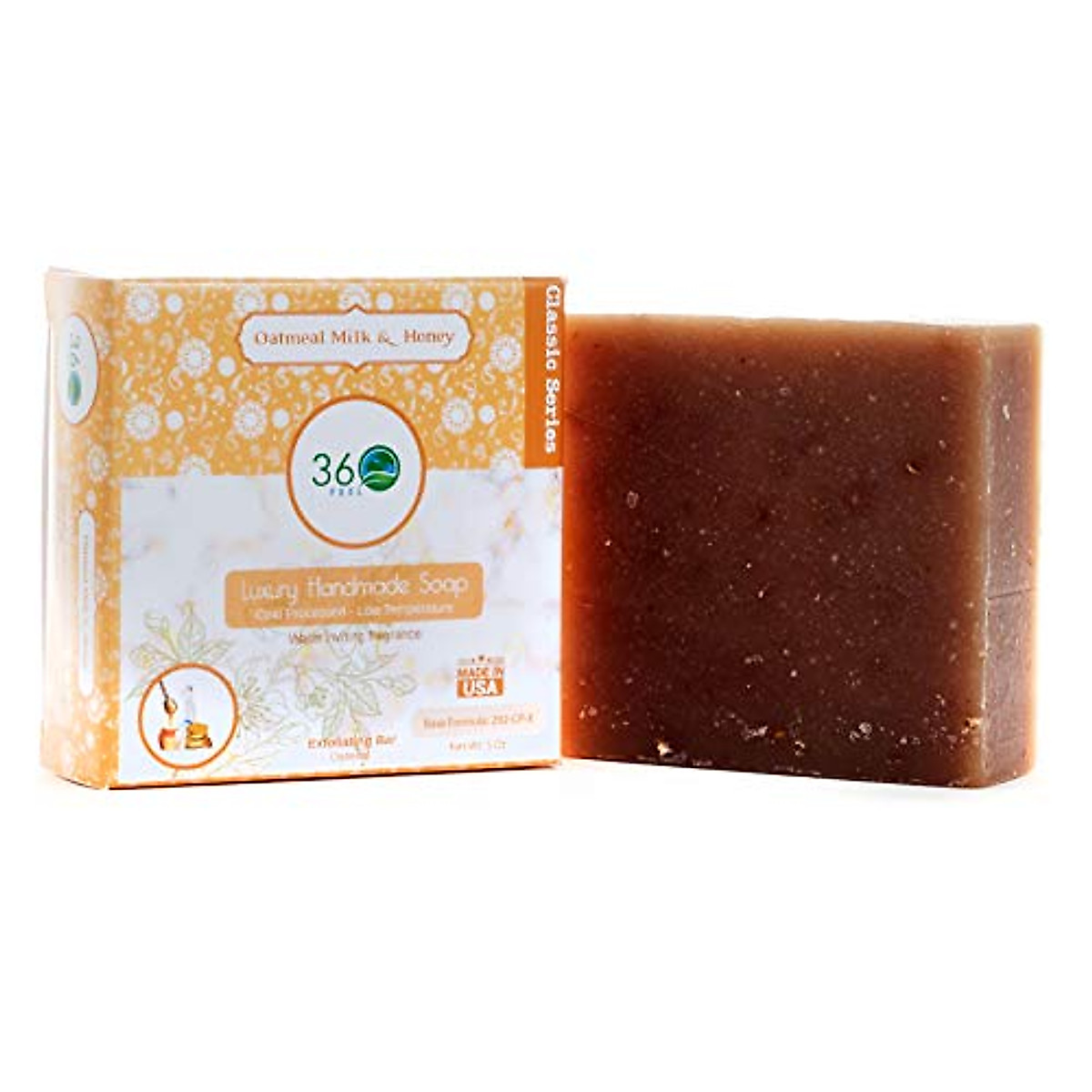 360Feel Oatmeal Milk & Castile Handmade Soap Bar - Warm inviting fragrance - exfoliant - Essential Oil Natural Soaps- Great as Anniversary Wedding Gifts Christmas stocking stuffer Honey, Brown, 5 Oz