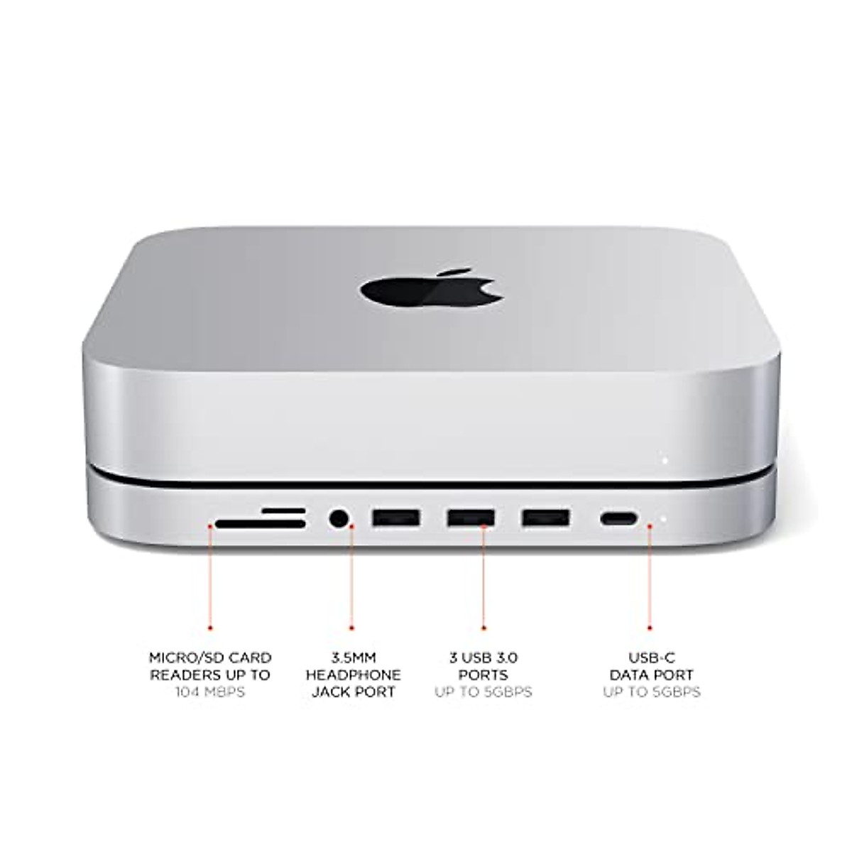 Satechi USB C Hub - Type-C Aluminum Stand & Hub - USB-C Data Port, Micro/SD Card Readers, USB 3.0 & Headphone Jack Port - for Mac Studio, Mac Mini M2/M1 (Not Compatible with M4) - Silver