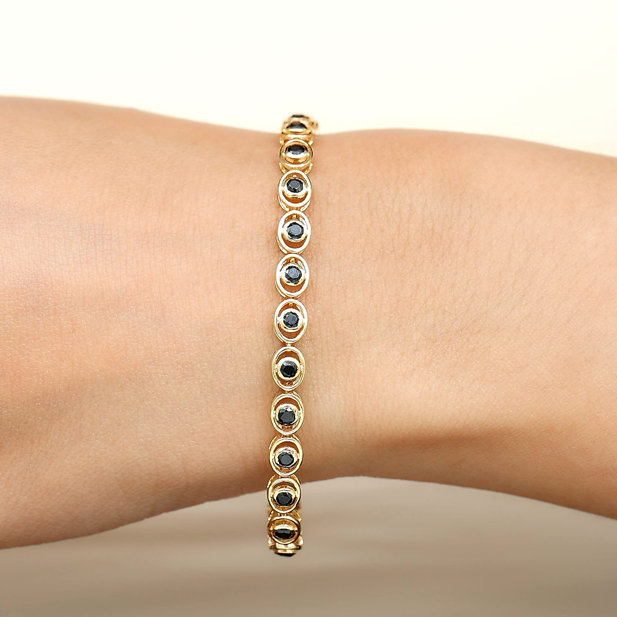 2 CT Bezel Set Black Onyx Unisex Round Shape Tennis Chain Bracelet (AAA Quality), 14K Yellow Gold, 6.5 inches