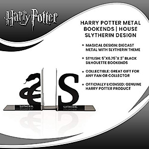 Underground Toys Harry Potter Metal Bookends - Black Hogwarts House Slytherin Diecast Design - Decorative Book Holder - Home, Office, Kitchen, Room Decor - Books Collection Display for Shelves