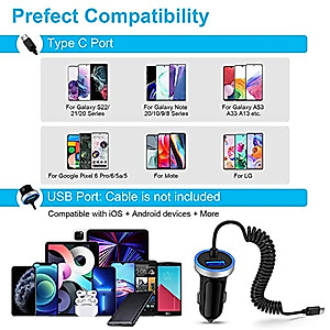 3.4A Fast Car Charger, Android Type C Car Charger Adapter with 3ft USB C Coiled Cable for Google Pixel 7 7pro 6a 6pro 5a 2XL, Moto G Pure/G Stylus 5G 2022, Samsung Galaxy S23 A03s A13 A33 A53 Z Fold 4