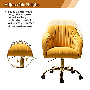 HULALA HOME Velvet Home Office Desk Chair, Modern Cute Computer Task Chair, Wheels Swivel Height Adjustable Upholstered Vanity Chair for Women, Girls (Gold Base, Mustard)