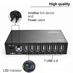 SotMa - USB 2.0 Hub - 7 Port Powered USB Hub Splitter - USB Port Expander with 12V 3A Power Adapter, LEDs and Mounting Bracket - Black