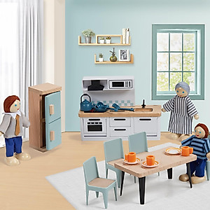 36pcs Wooden Dollhouse Furniture Set with 4 Family Dolls Wood and Plastic, 5 Rooms Blue Dollhouse Accessories Pretend Play Furniture Toys for Boys Girls & Toddlers 3Y+