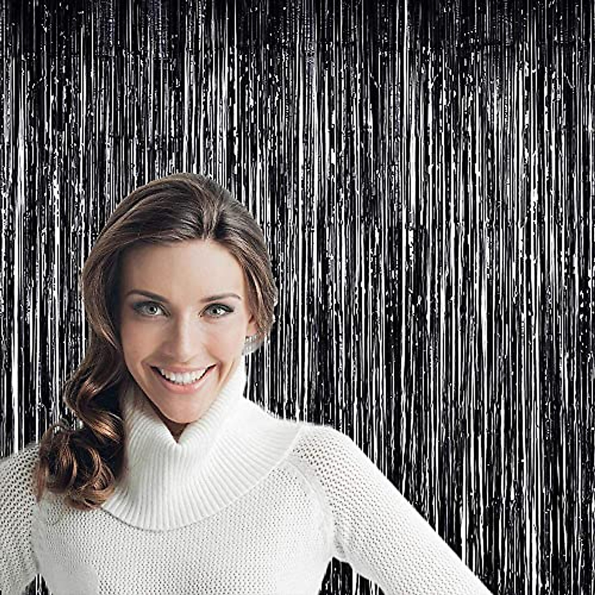 Black Backdrop Curtain for Party Supplies - 6.5x8.2ft, Pack of 2 | LILF Black Tinsel Foil Fringe Curtain Streamers for Birthday Party Halloween Graduation Decoration Black Photo Booth Backdrop Props