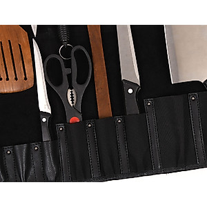 Aaron Leather Goods Leather Knife Roll Storage Bag | Elastic and Expandable 10 Pockets | 6 Leather Pocket | Travel-Friendly Chef Knife Case Roll (Raven, Leather)