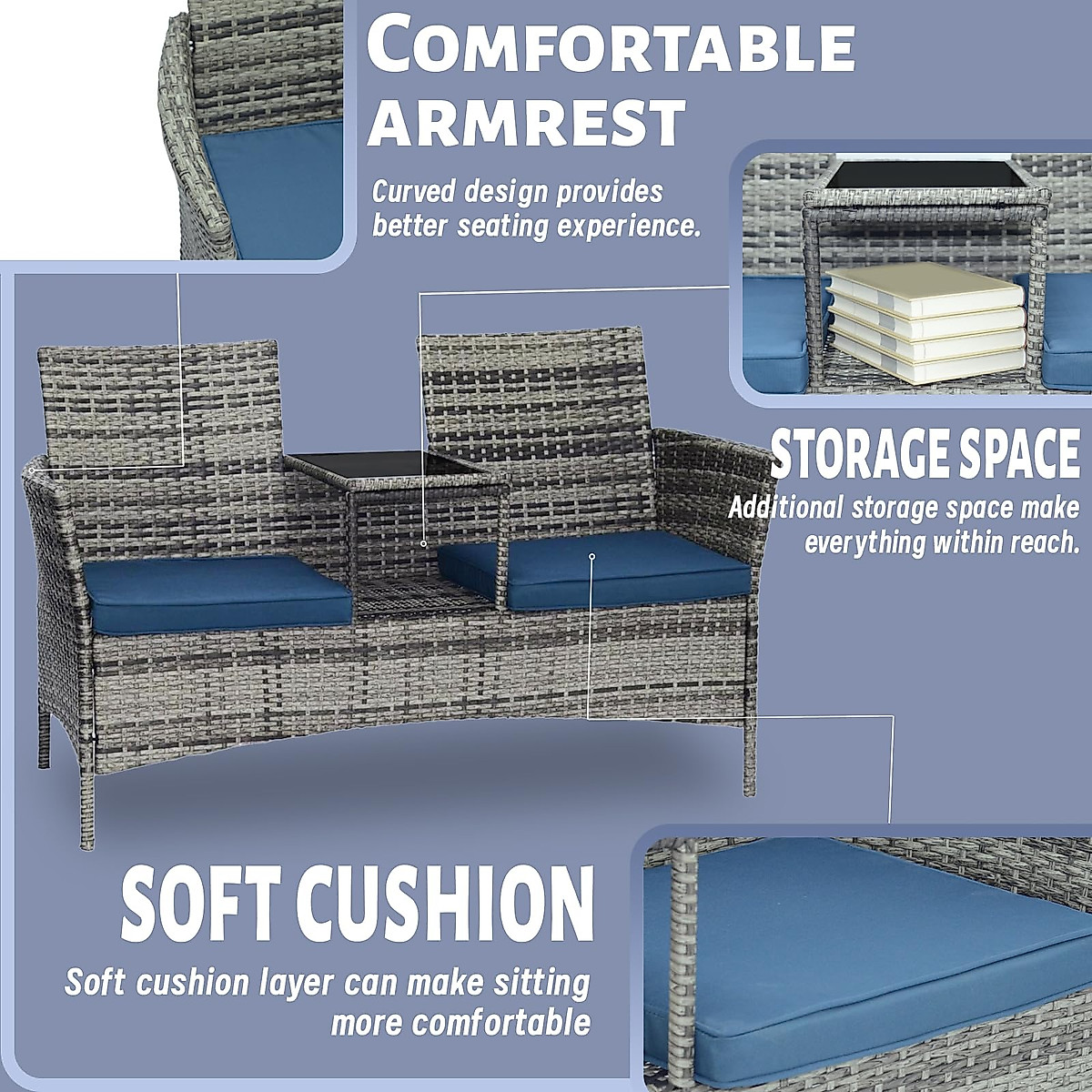 PatLoom Outdoor Patio Loveseat Set with Coffee & Cushions, 2-Seat Wicker for Rattan, Garden, Lawn Weather Resistant